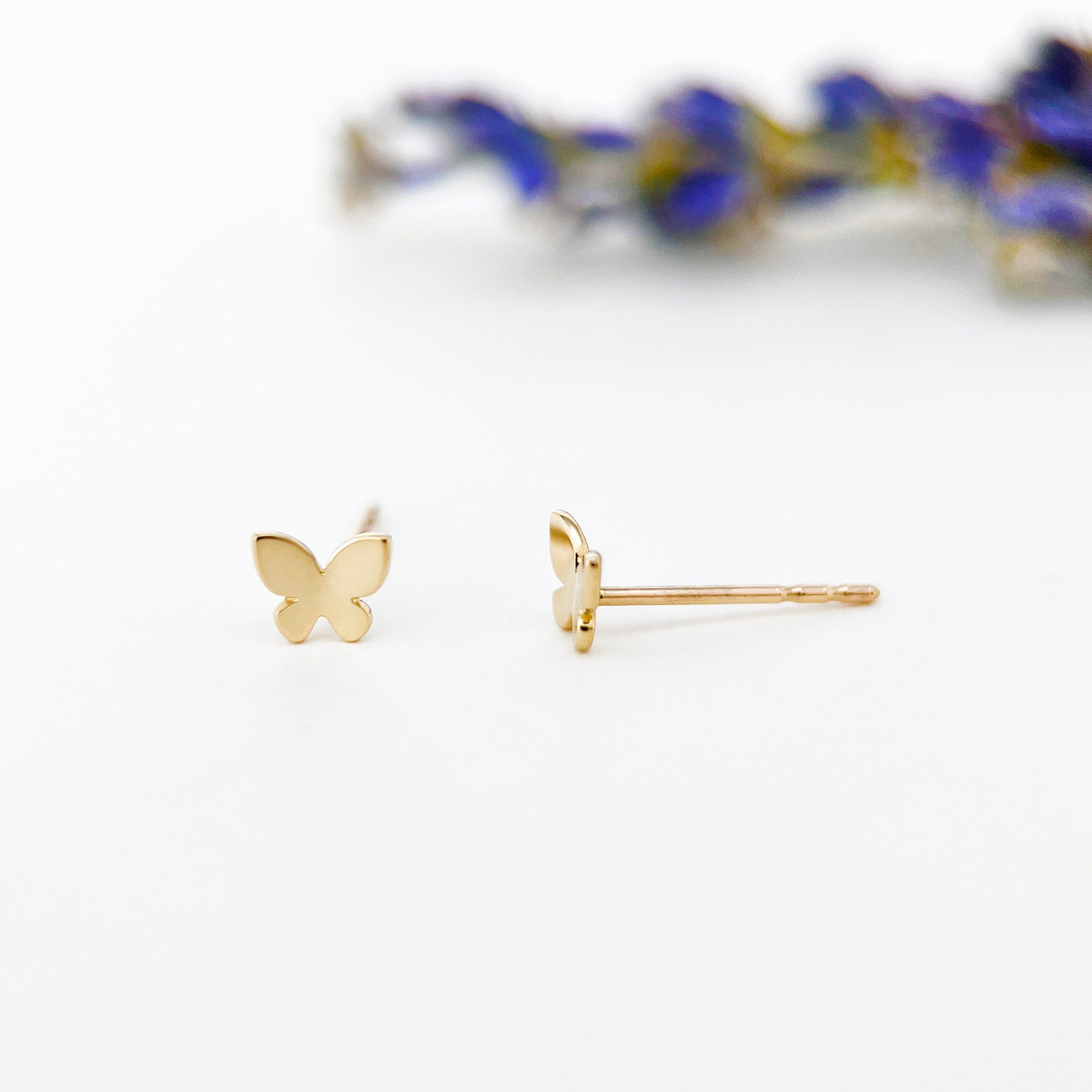 14K Solid Gold Dainty Butterfly Stud Earrings/ Real Yellow Gold Small ...