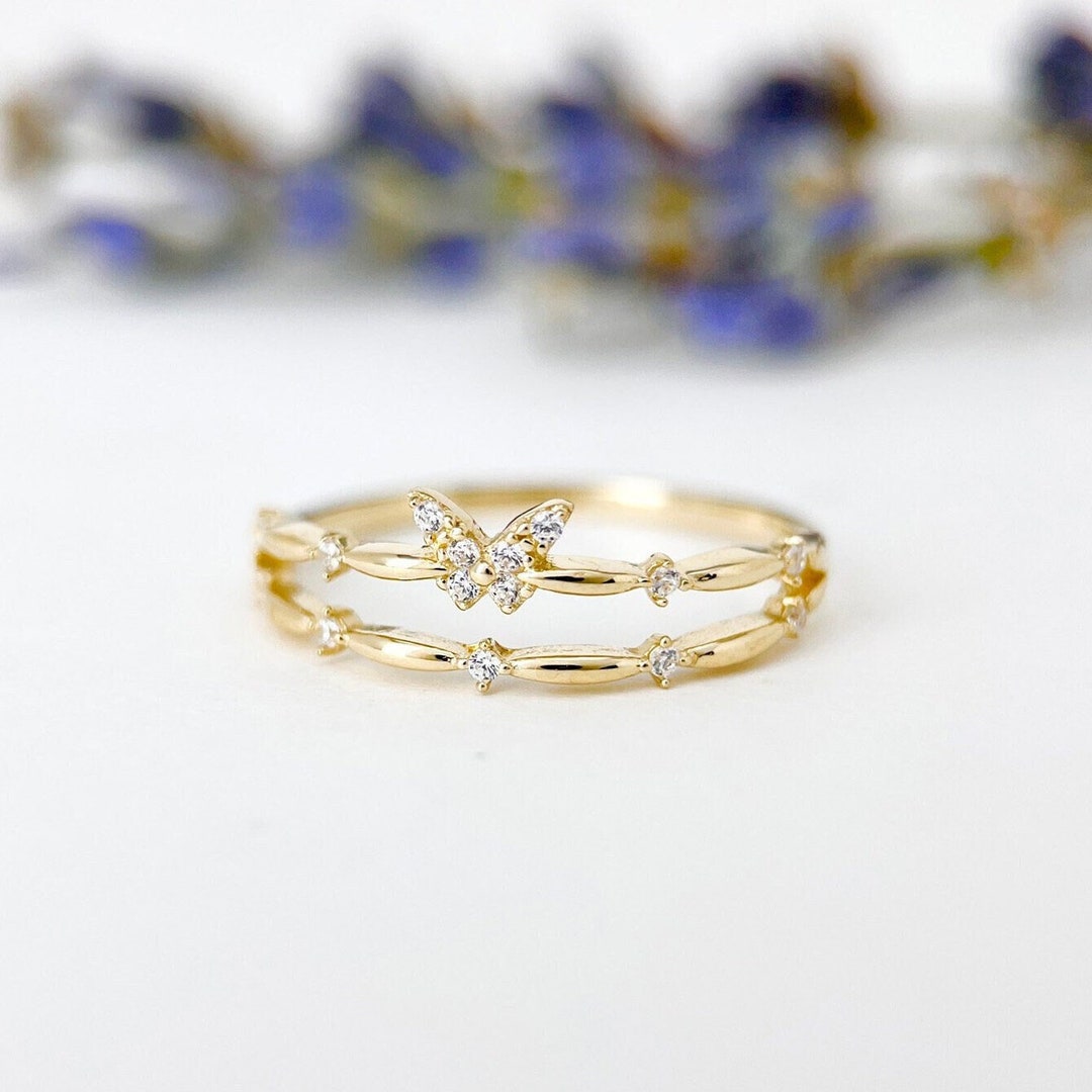 Real Solid Gold Spit Shanks Butterfly Stackable Dainty Ring, 9K Solid ...