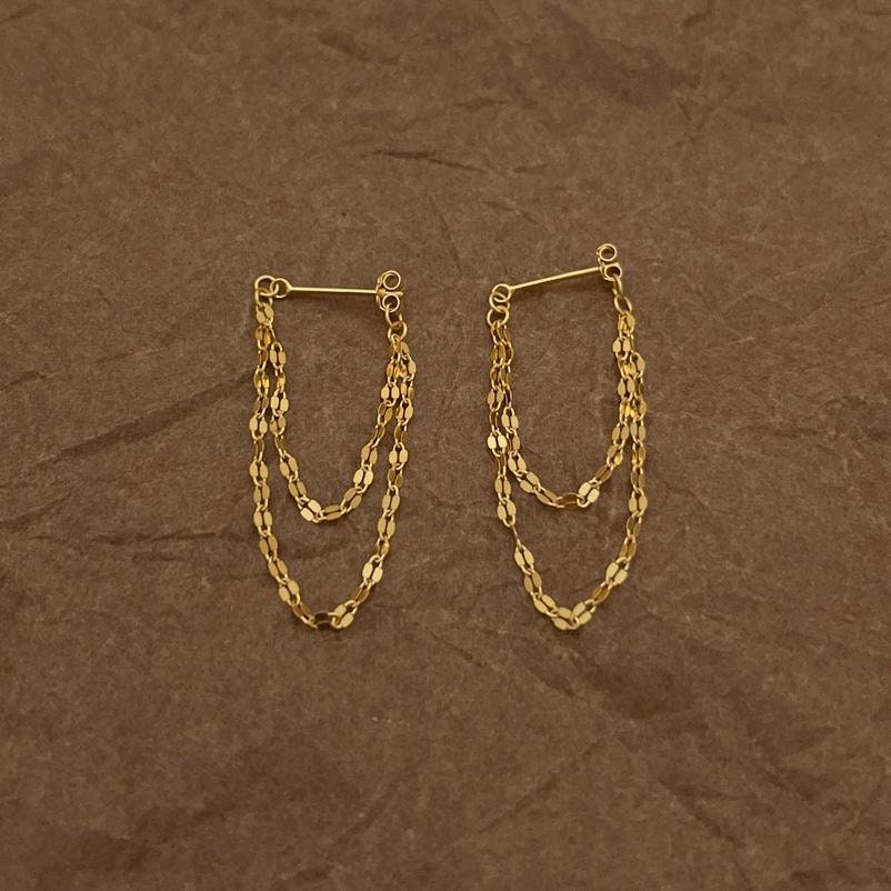 14K Yellow Gold Double Chain Dangle Hoop Earrings, Gold Vermeil Sparkle ...