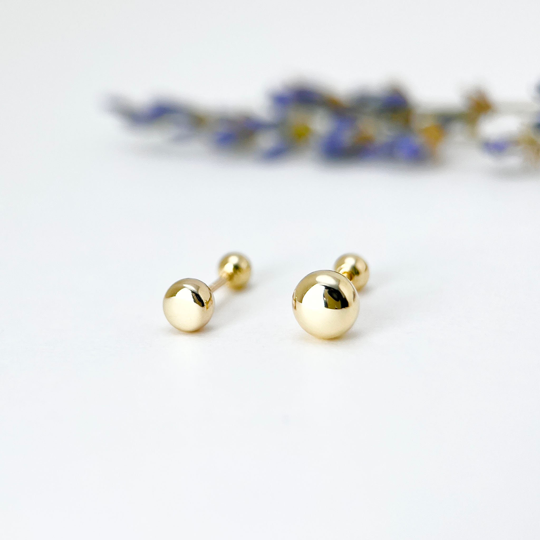 14K Solid Gold Small Flat Ball Stud Earrings, 4mm 5mm Light Weight Dainty Screw Backs Ball Stud ...