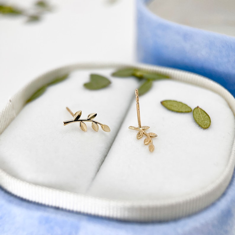 9K Solid Gold Dainty Olive Branch Stud Earrings, Yellow Solid Gold ...