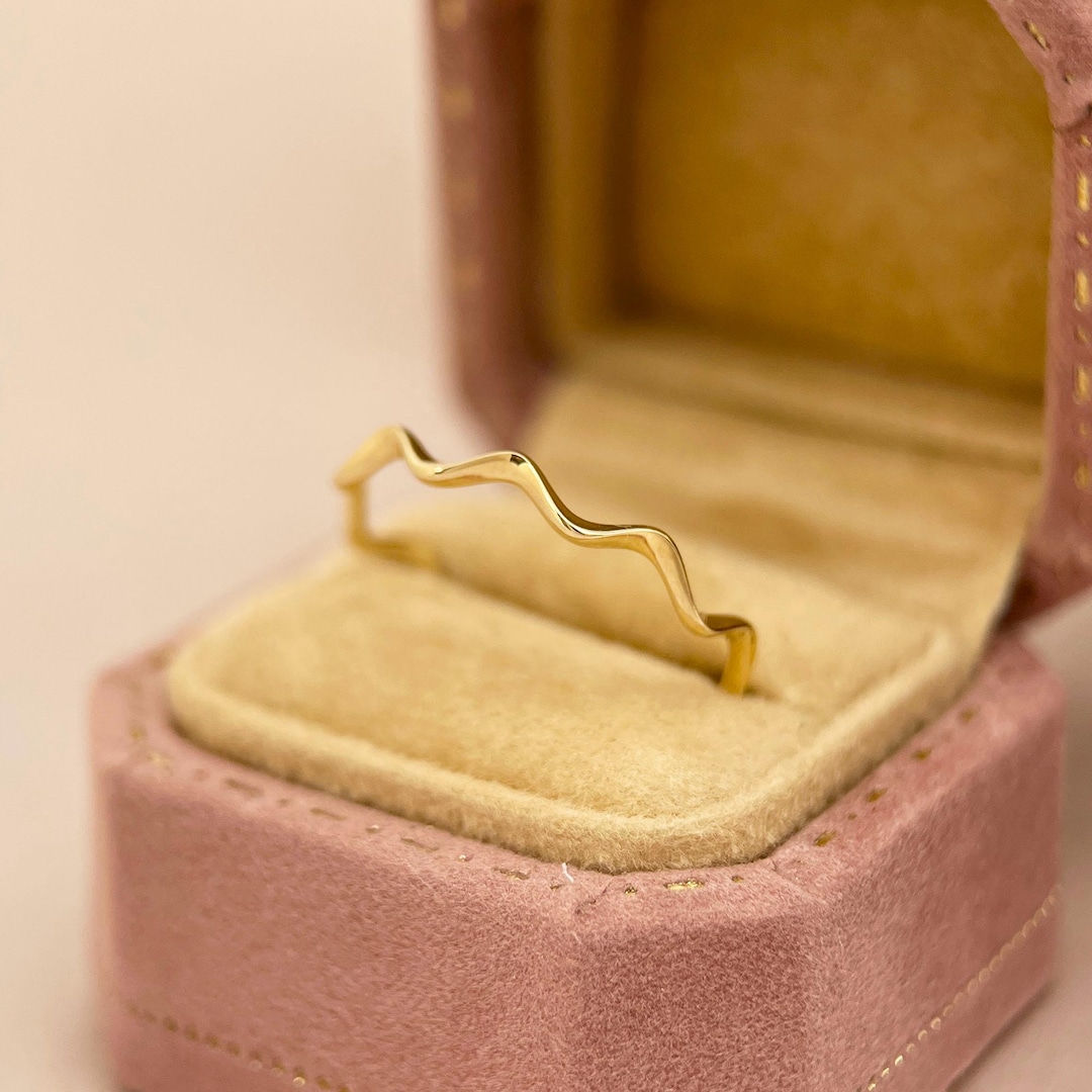14K Solid Gold Wave Stackable Ring, 14K Yellow Gold Dainty Wavy Simple Stacking Ring Band ...