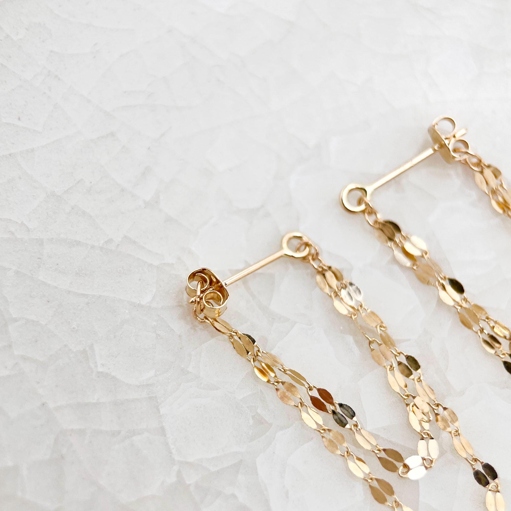 14K Solid Gold Dangle Drop Chains Hoop Earring, 14K Genuine Yellow Gold ...