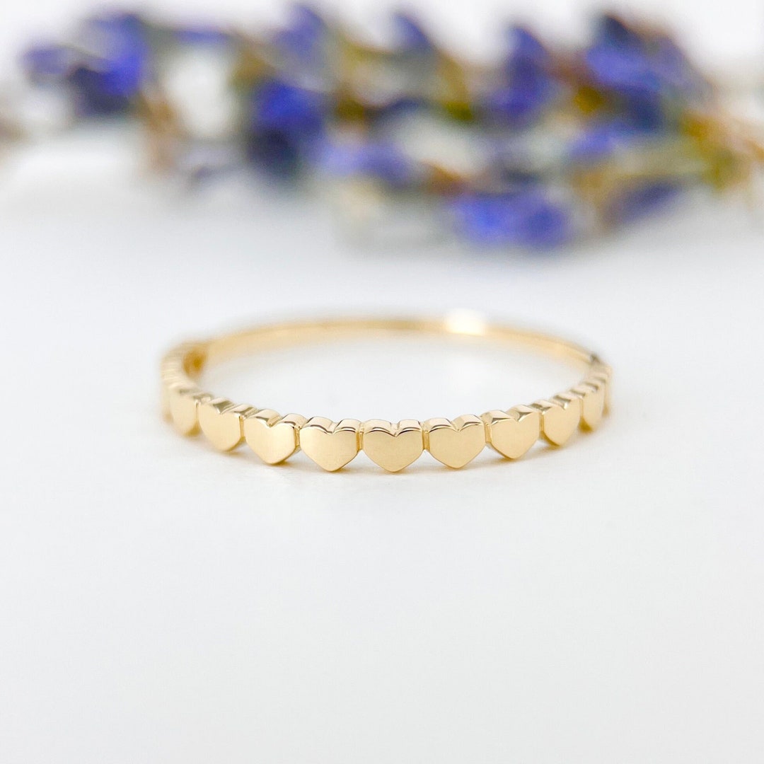14K Solid Gold Hearts Band Stackable Dainty Ring, 14K Real Gold Hearts ...