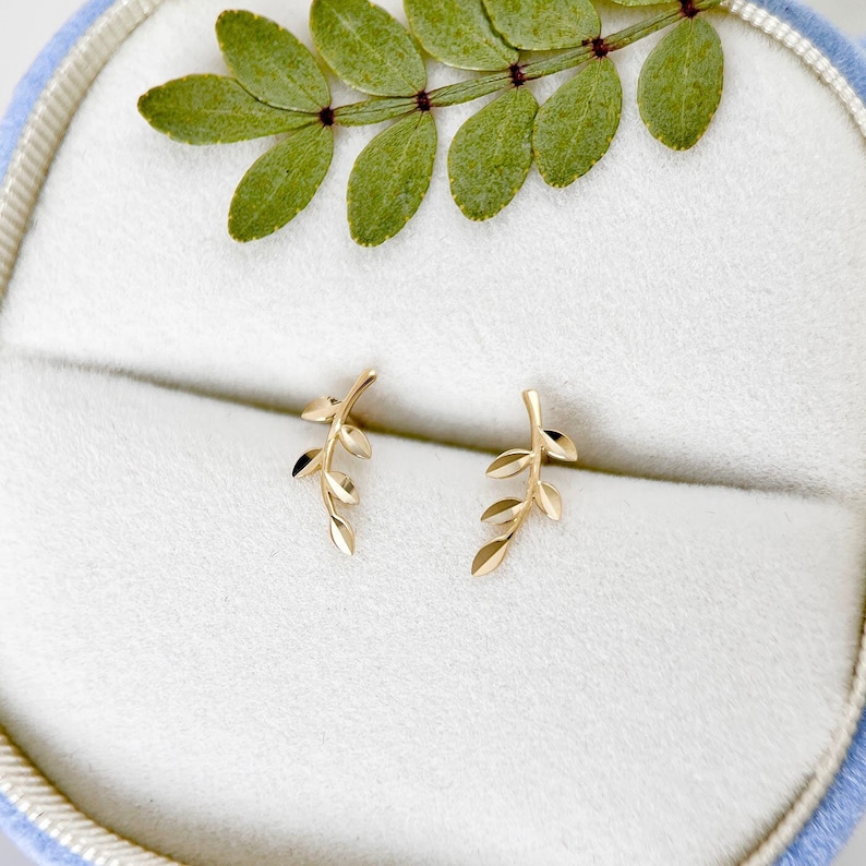 9K Solid Gold Dainty Olive Branch Stud Earrings, Yellow Solid Gold ...