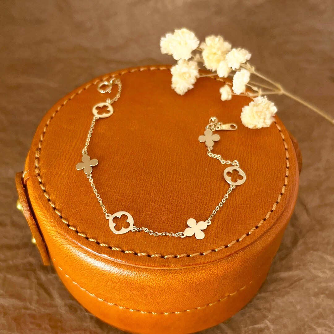 14K Solid Gold Dainty Flower Charms Bracelet, 14K Yellow Gold Small ...