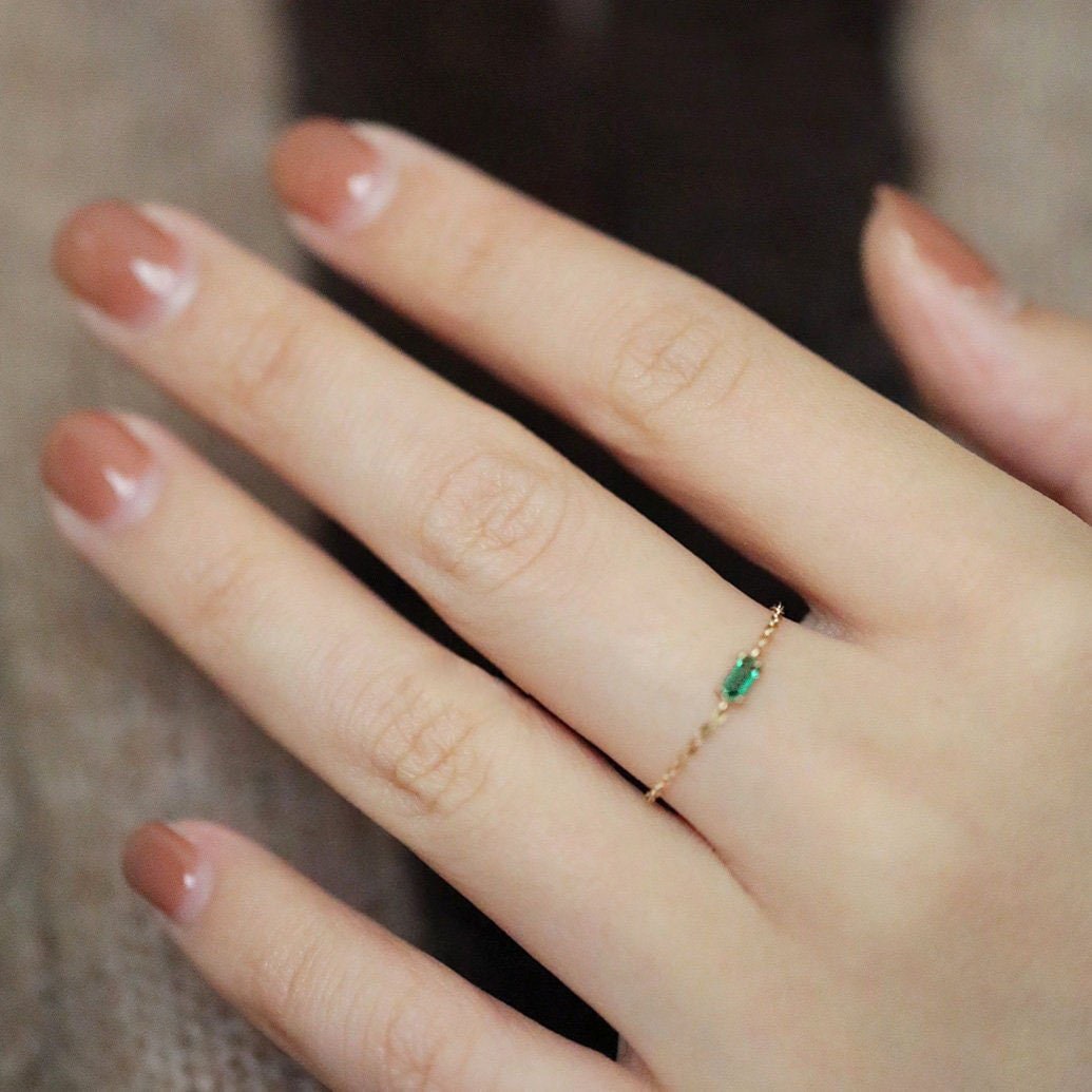 14K Solid Gold Dainty Link Chain Baguette Emerald Stackable Ring, Real ...