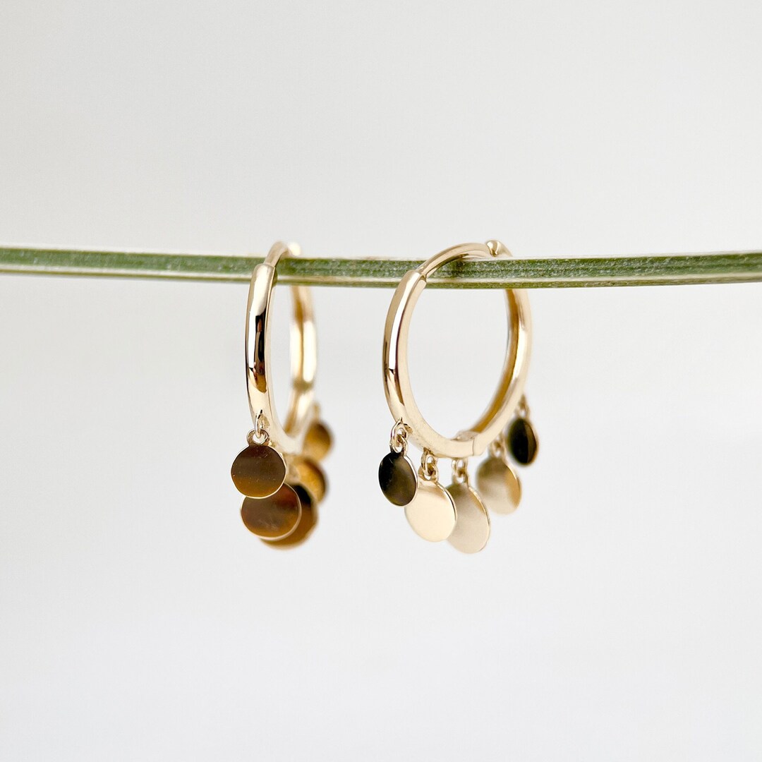 14K Solid Gold Small Round Disc Charms Hoop Earrings, 14K Real Gold ...