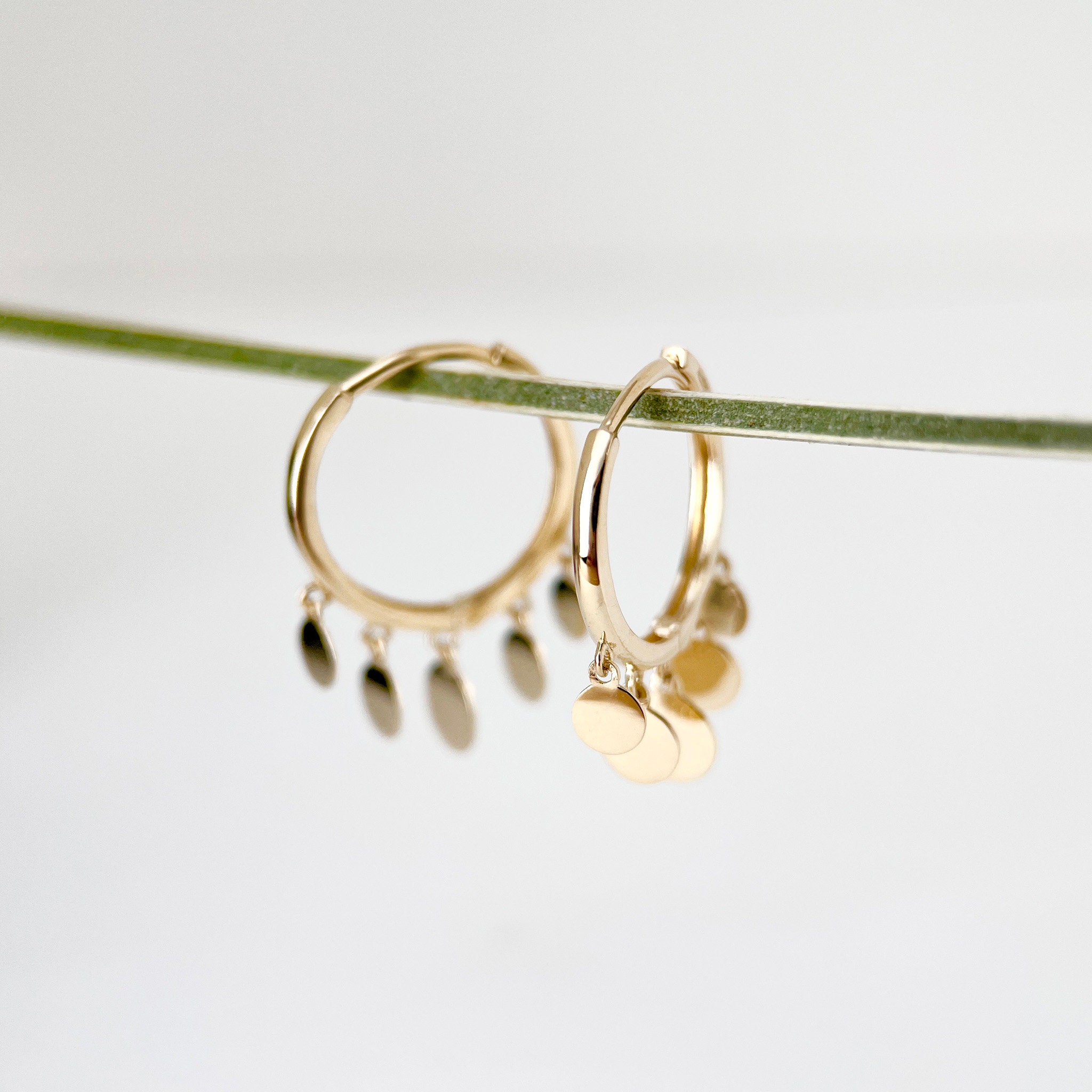 14K Solid Gold Small Round Disc Charms Hoop Earrings, 14K Real Gold ...