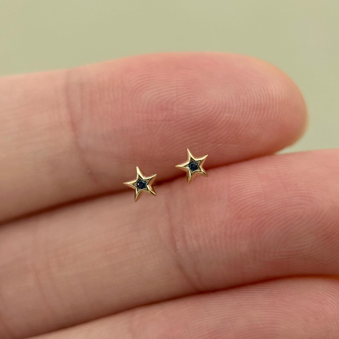 9K Solid Gold Tiny Star Stud Earrings, Blue Gemstone Small Star Piercing - Etsy