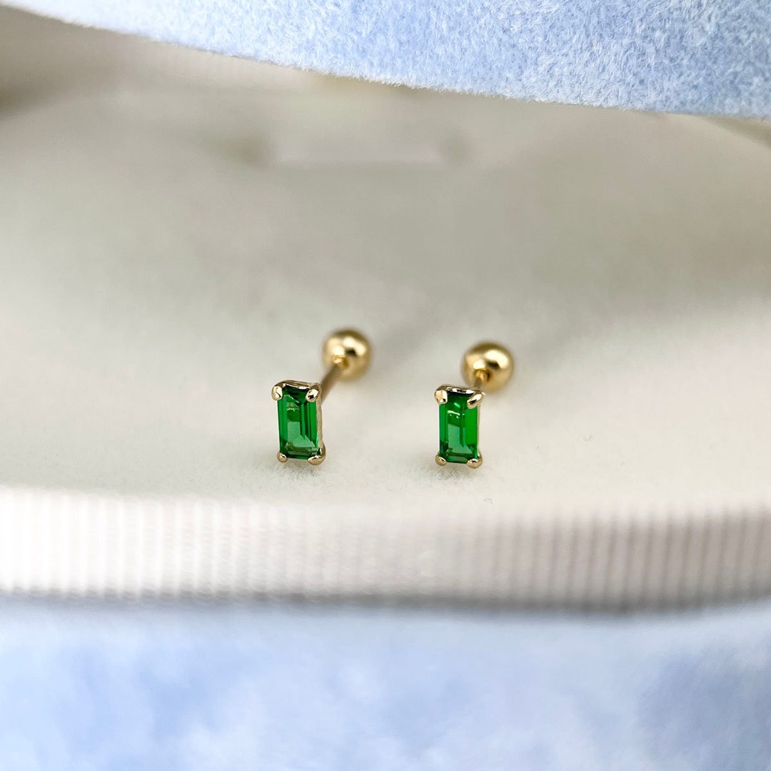 14K Solid Gold Emerald Green Gemstone Dainty Screw Back Stud Earrings ...