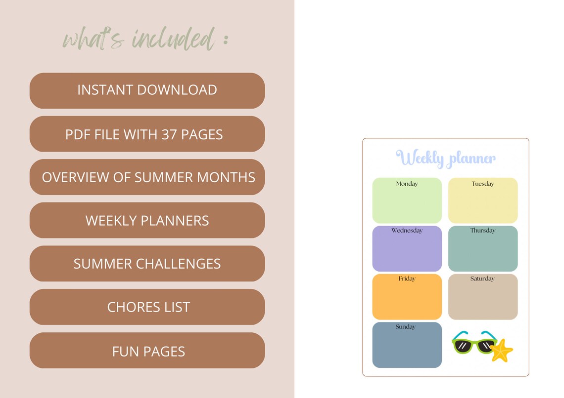Printable Summer Planner for Kids Monthly Planning, Weekly Planning ...