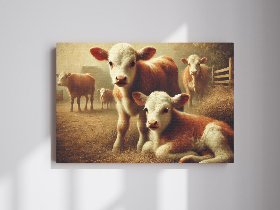 Highland Calves Wall Art, Baby Calf Canvas Wall Art, Pastoral Scene ...