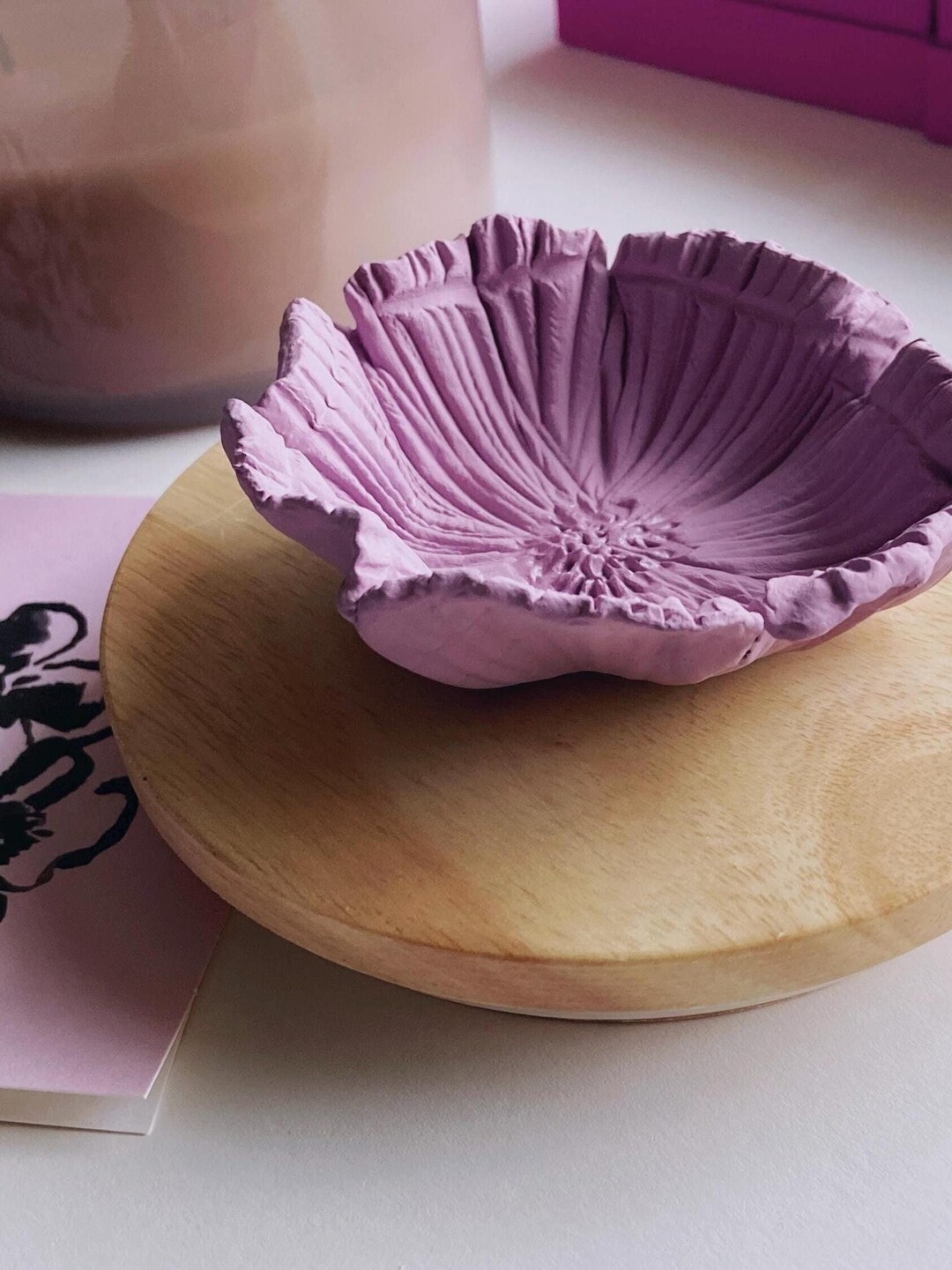 Violet Mauve Pink Clay Flower Ring Dish Candle Holder Jewelry Artist ...