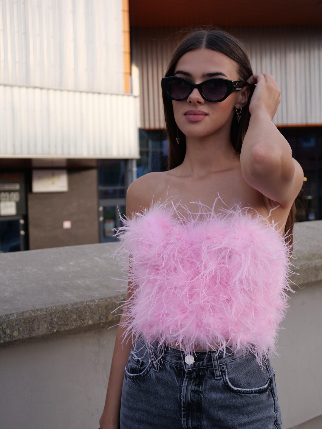 Pink Ostrich Feather Top Adjustable Bustier With Silicone Lining, Full ...