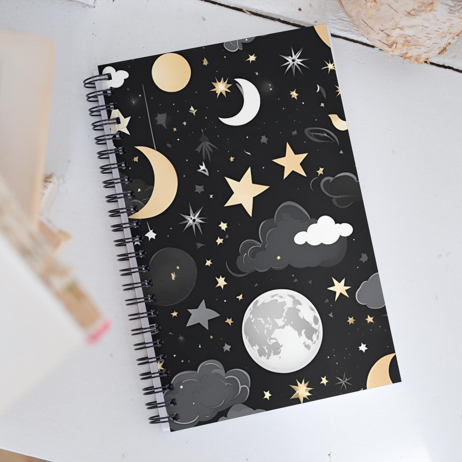 Celestial Spiral Notebook - Moon, Stars & Clouds - Dreamy Journal - Etsy