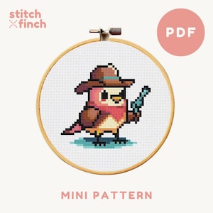 Cowboy Bird Cross Stitch Pattern Finch With Gun Cross Stitch Design ...
