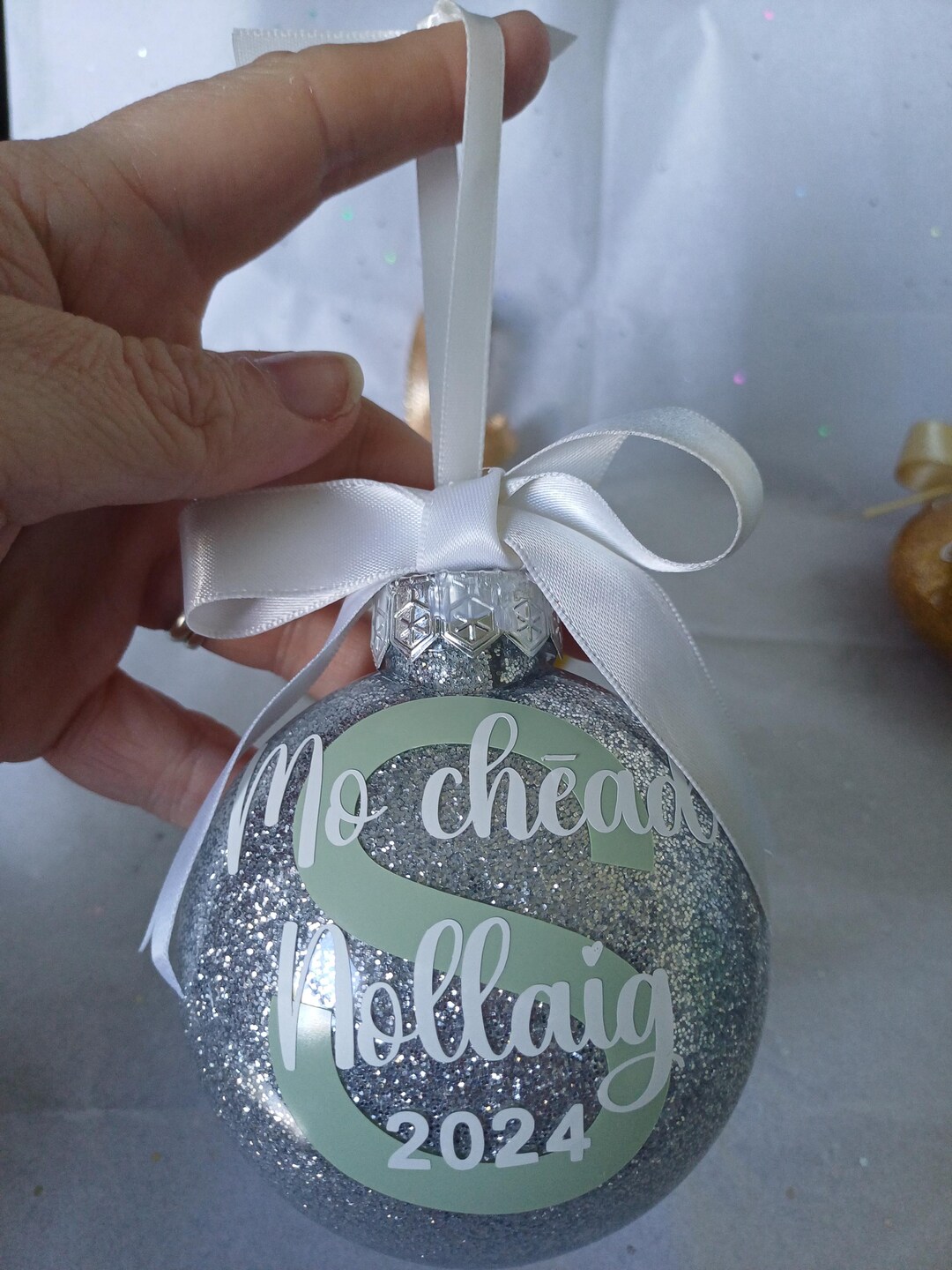 Silver Glitter Bauble, Irish Text mo Chéad Nollaig, My First Christmas ...