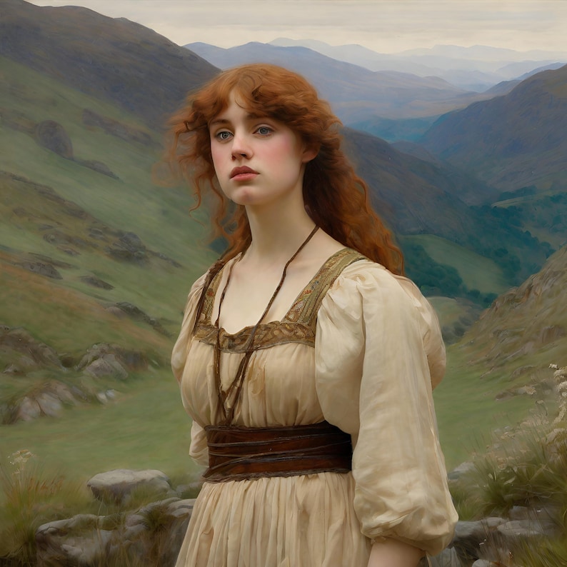 New Original A Beautiful Pre Raphaelite Woman Walking on the Wind Swept ...