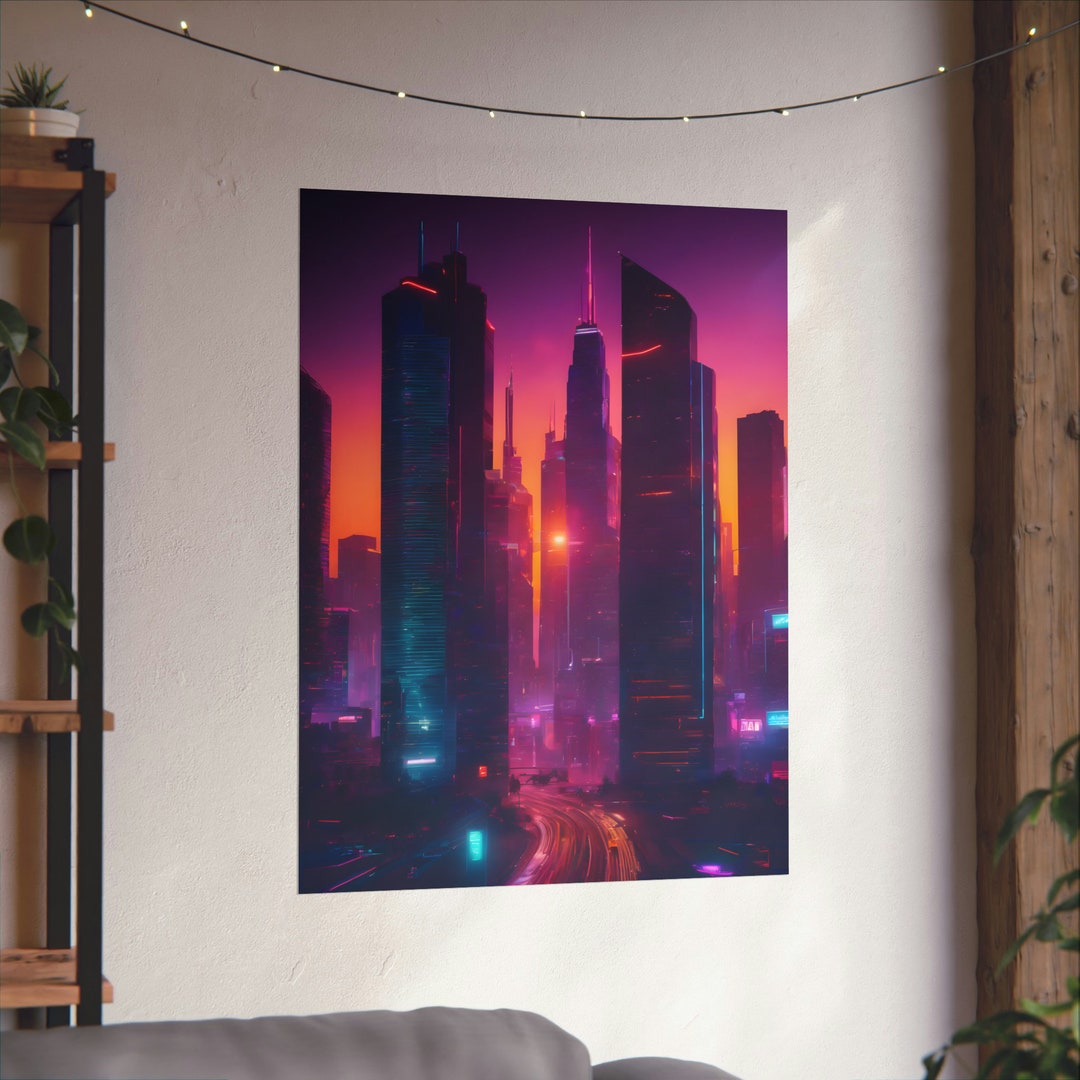 Synthwave Poster Matte AI Wall Art Cyber City Print 80s Nostalgia ...