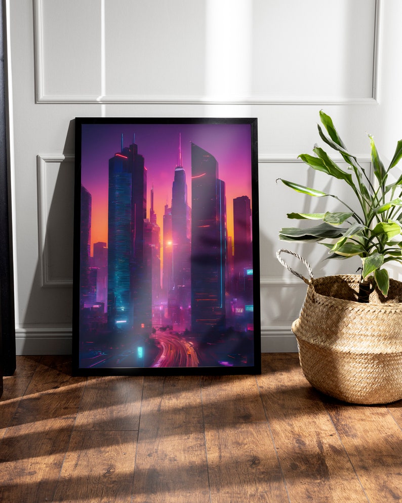 Synthwave Poster Digital Art Printable Wall Art Cyber City Print ...