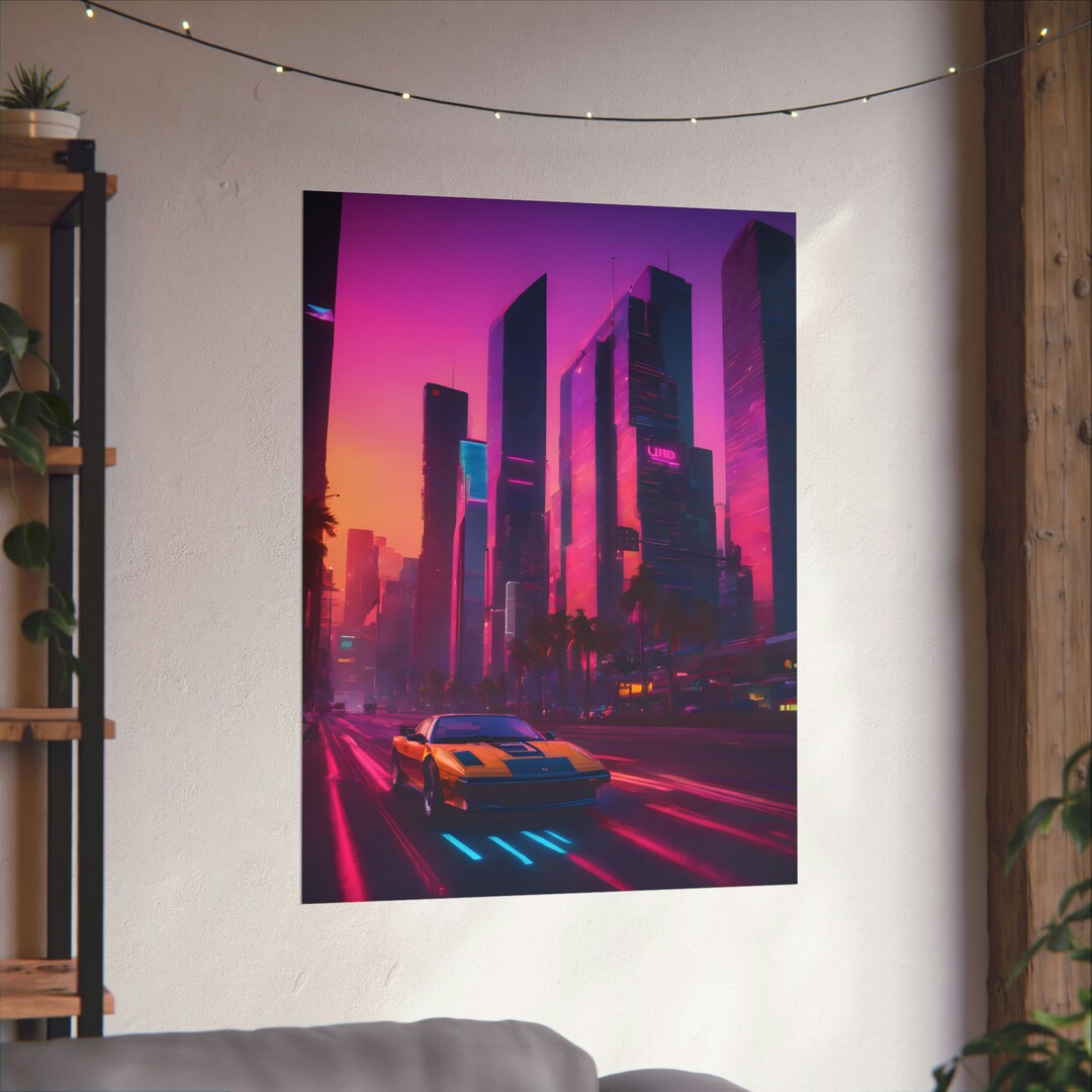 Synthwave Poster | Matte | AI Wall Art | Cyber City Print | 80s ...