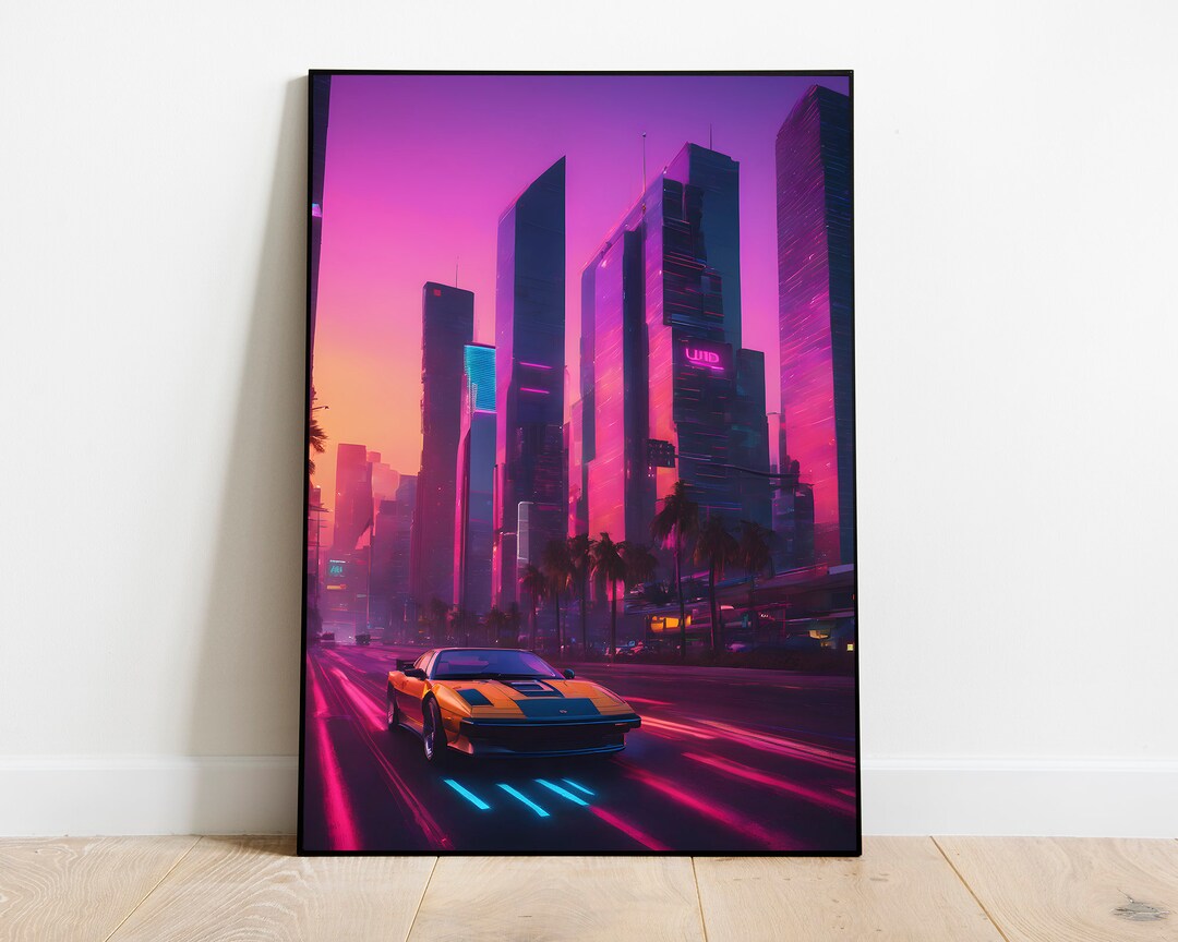 Synthwave Poster Digital Art Printable Wall Art Cyber City Print ...