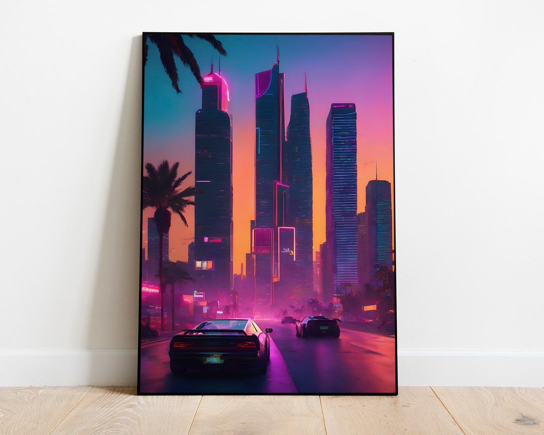 Synthwave Poster Digital Art | Printable Wall Art | Cyber City Print ...