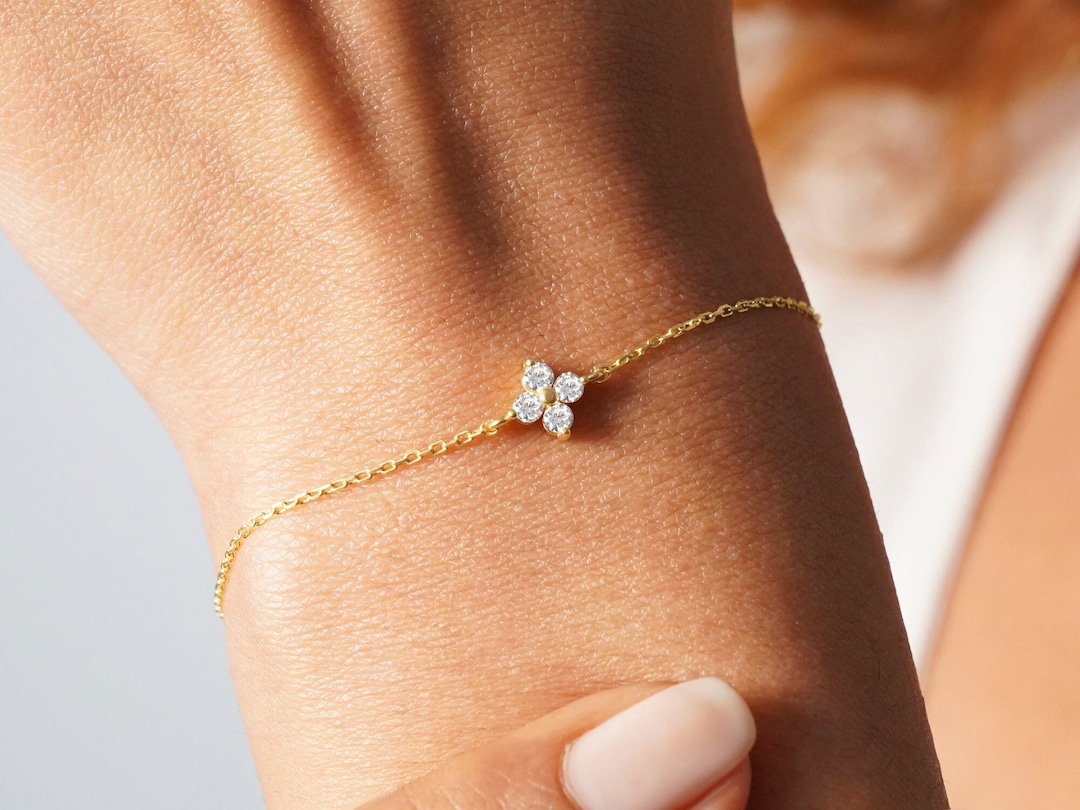 Real Diamond Clover Bracelet 14K Solid Gold Clover Bracelet Minimalistic Clover Bracelet Dainty ...