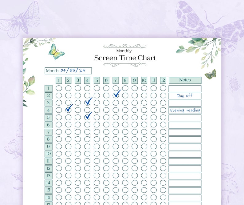 Screentime Chart Printable PDF | Monthly Screen Time Tracker | Screen ...