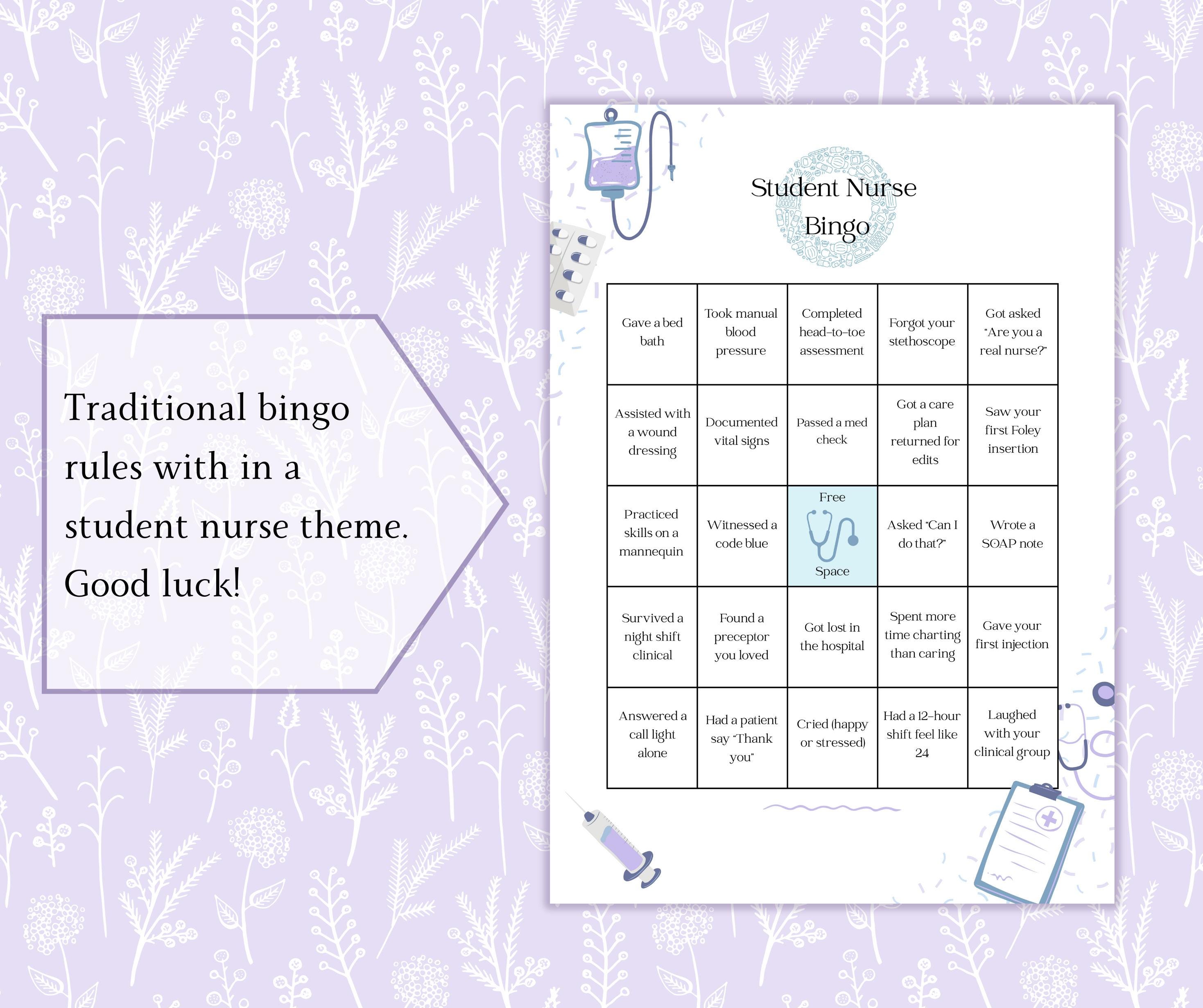 Student Nurse Bingo Sheet Printable PDF | Nursing Bingo | Healthcare ...