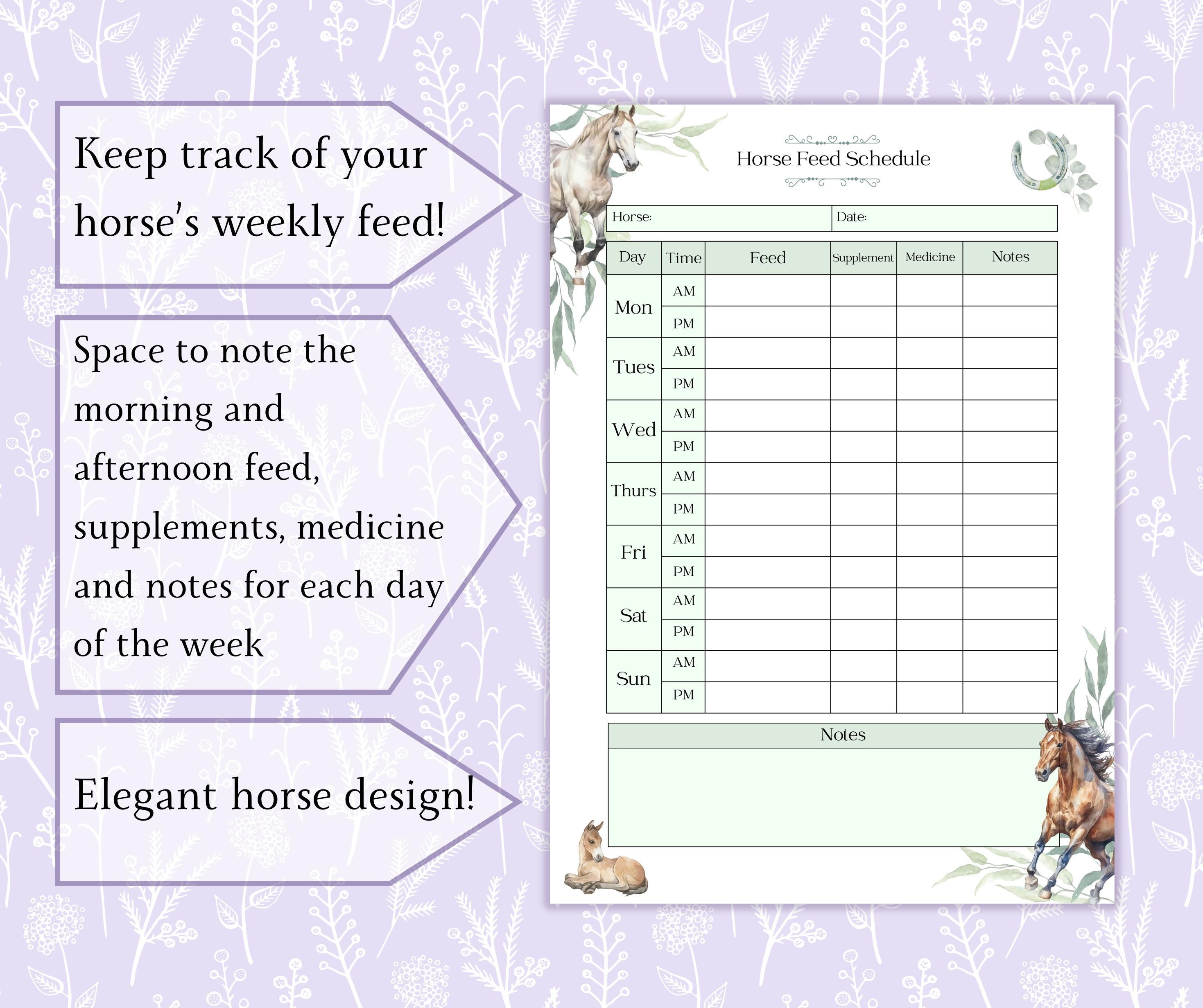 Horse Feed Schedule Printable PDF | Weekly Horse Feeding Chart | Equine ...