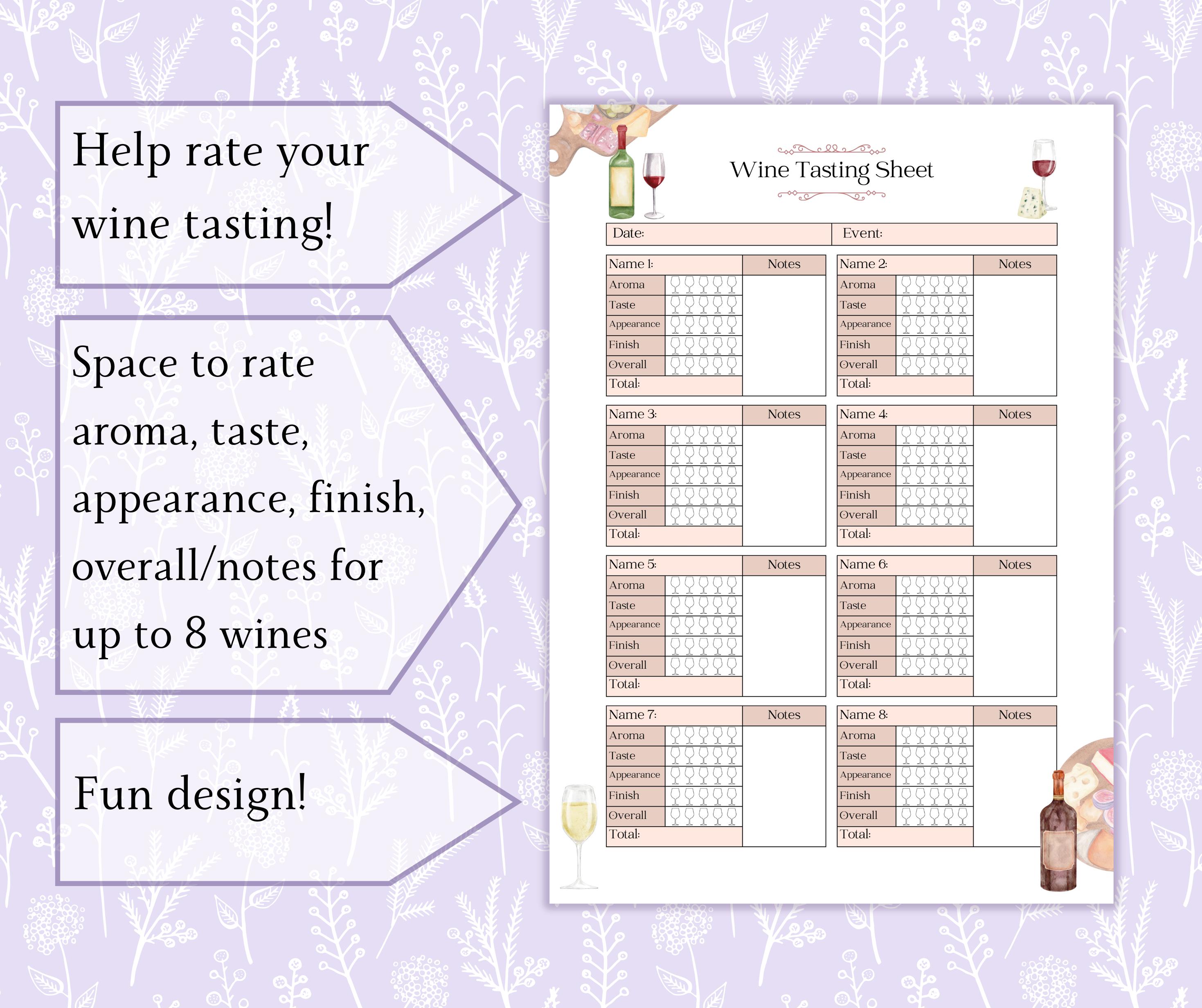 Wine Tasting Sheet Printable PDF | Blind Wine Tasting Log | Wine Journal | Wine Tasting ...