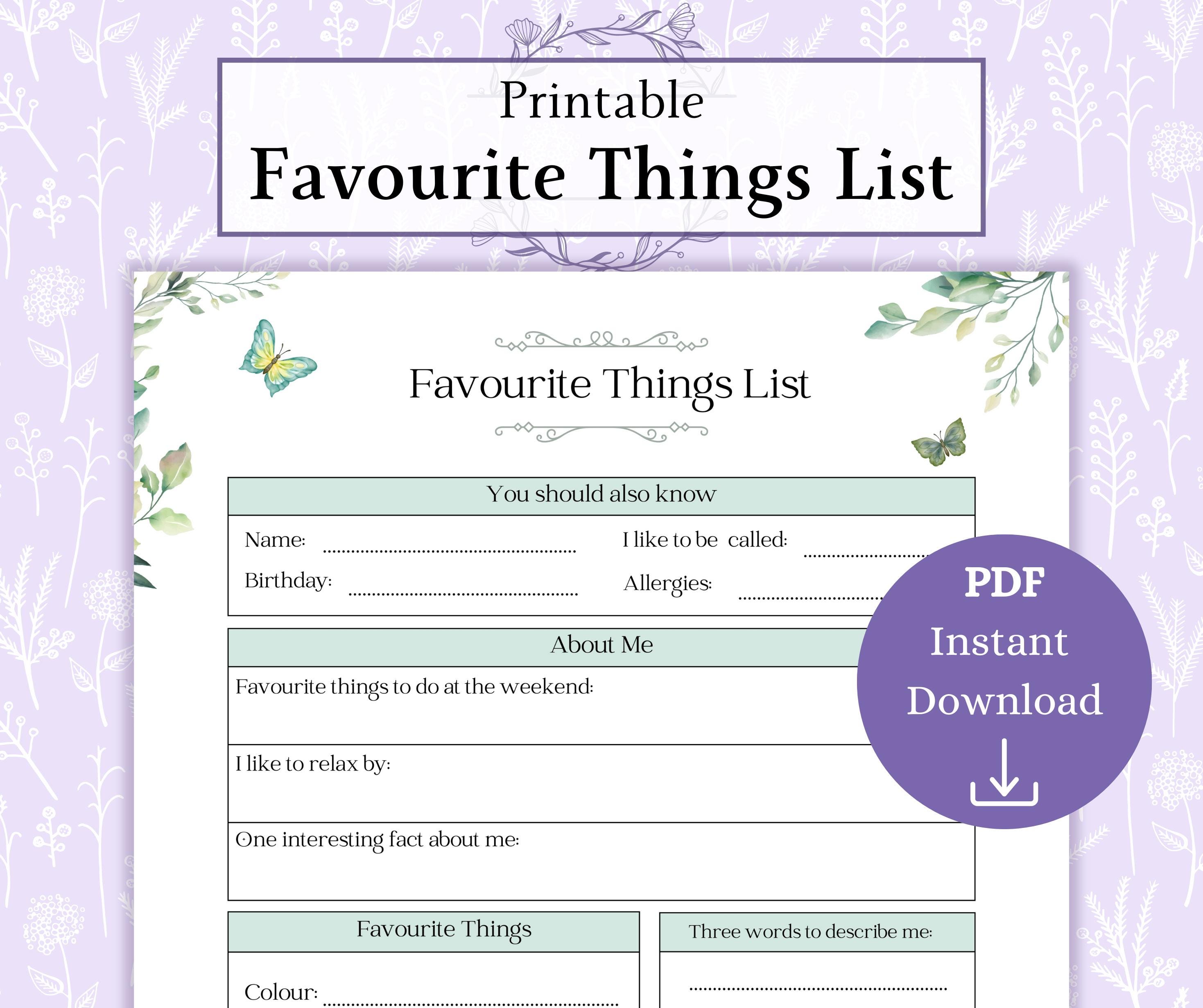 Favorite Things List Printable PDF | General All About Me Sheet | Get ...