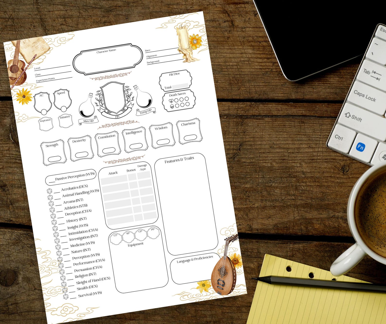 Bard Character Sheet Printable PDF | Bard Themed Dnd Accessories | Dnd ...