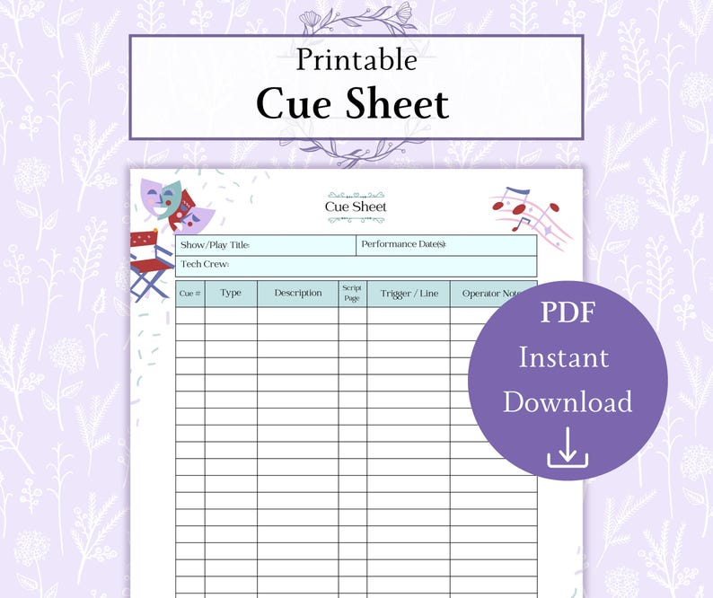 Stage Cue Sheet Printable PDF | Theater Cue Form | Lighting and Sound ...