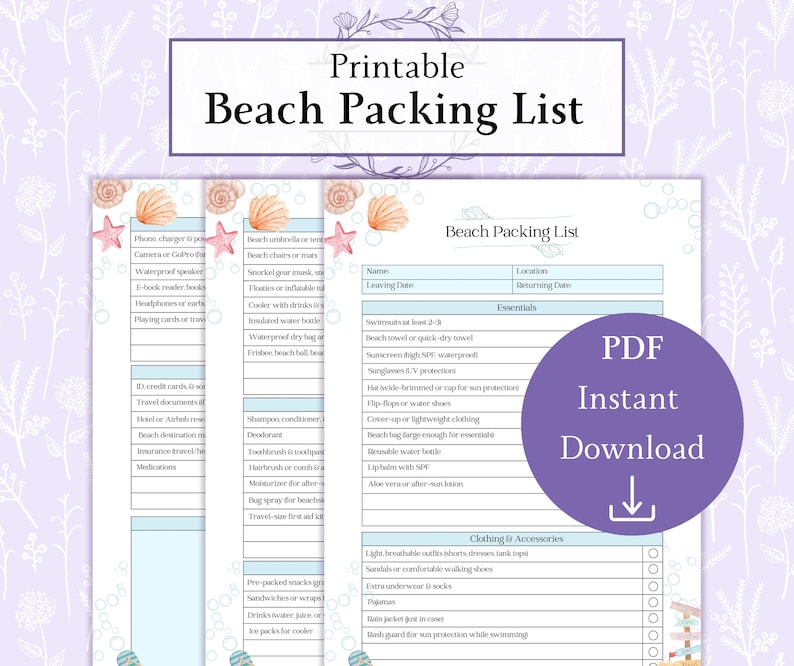 Beach Packing List Printable PDF | Travel Packing Checklist | Vacation ...