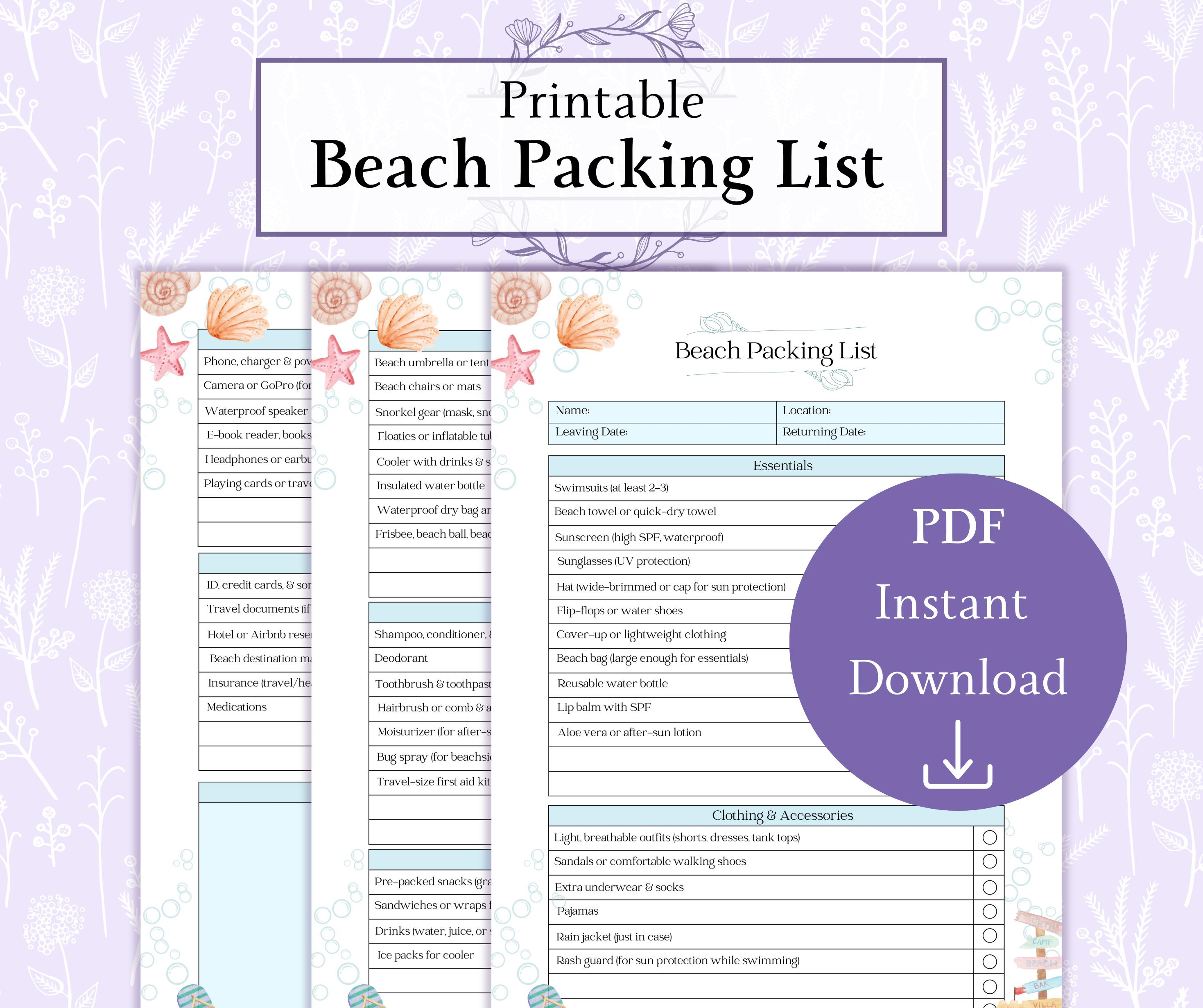 Beach Packing List Printable PDF | Travel Packing Checklist | Vacation ...