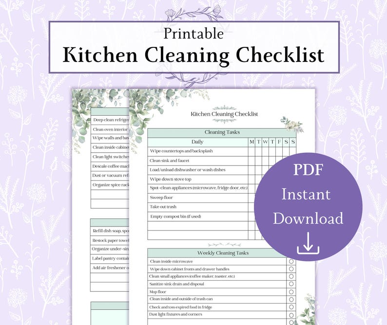 Kitchen Cleaning Chart Printable PDF | Kitchen Cleaning Checklist ...