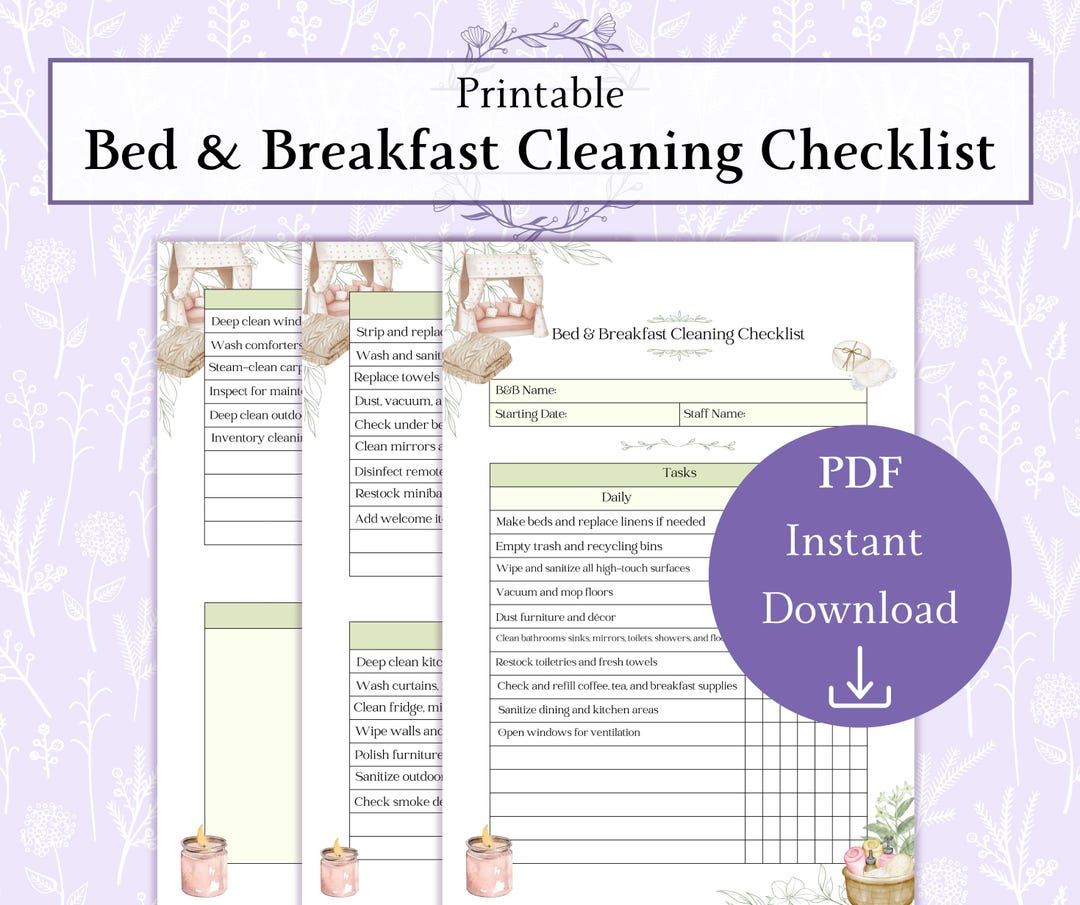 Bed and Breakfast Cleaning Checklist Printable PDF, B&B Cleaning ...