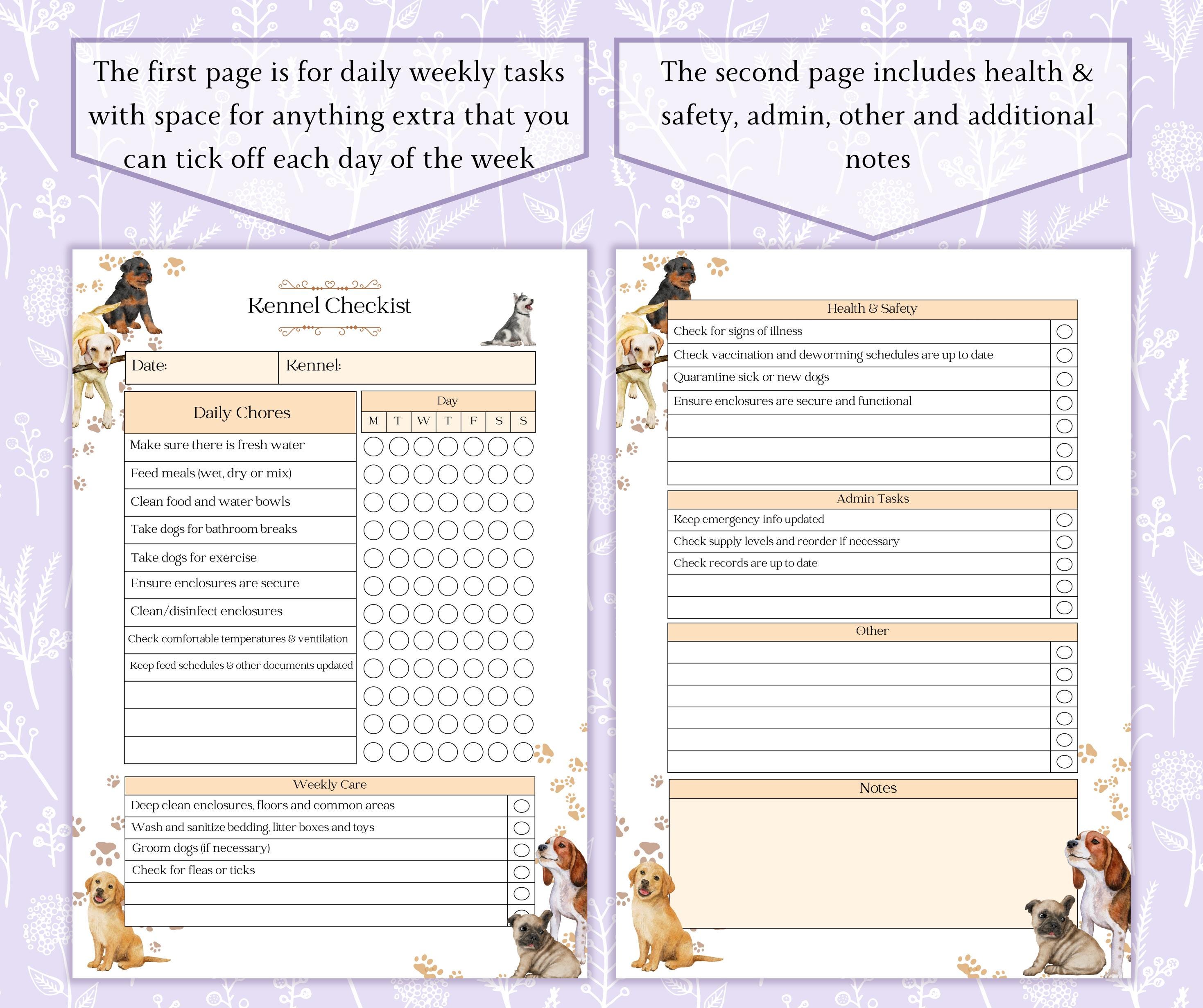 Kennel Checklist Printable PDF | Animal Checklist Veterinary Records ...