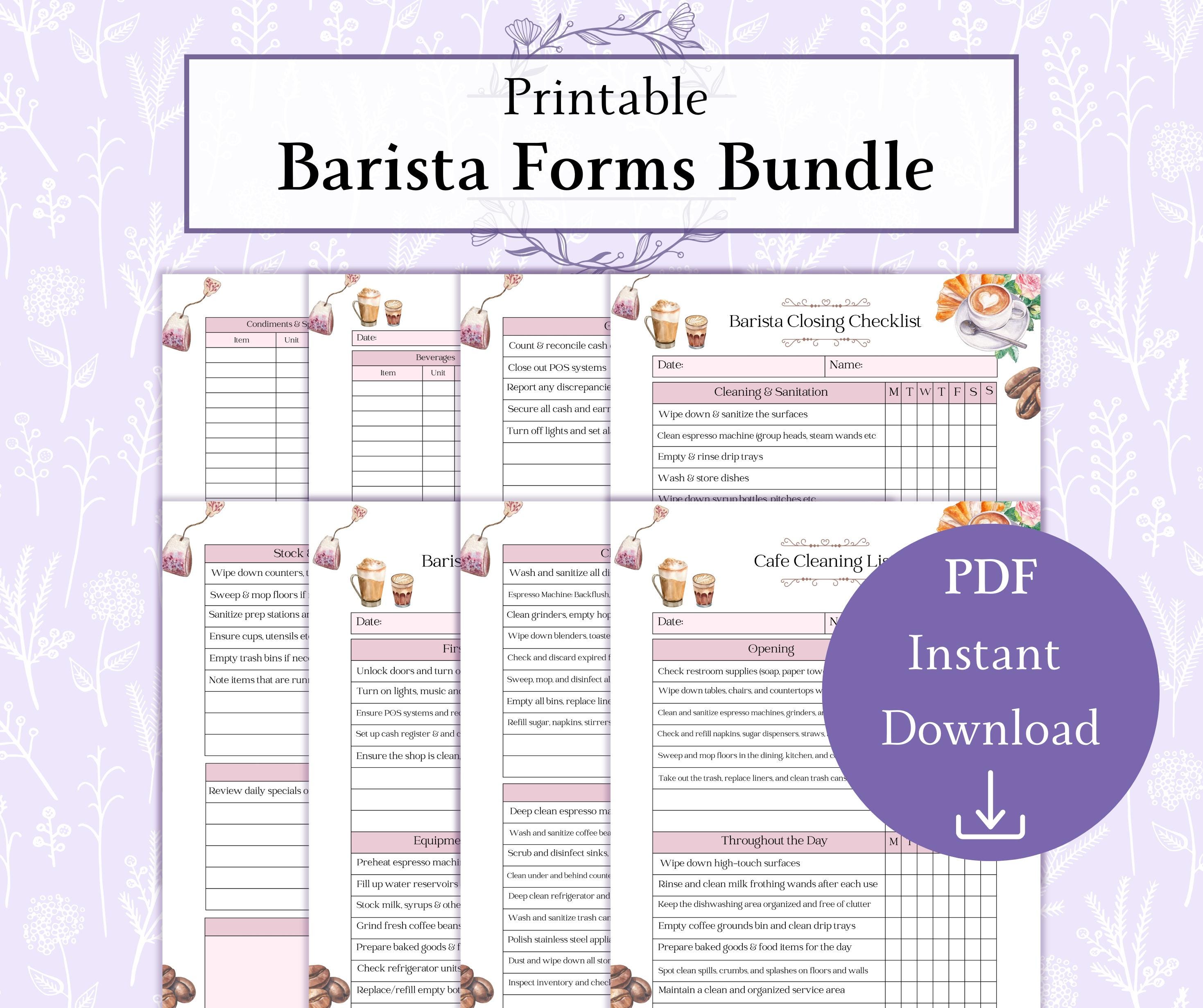 Barista Forms Bundle Printable PDF | Barista Checklist | Server Closing ...