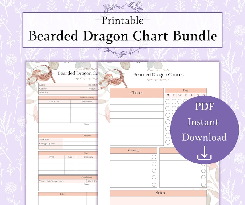 Bearded Dragon Chart Bundle Printable PDF | Bearded Dragon Care Sheet ...