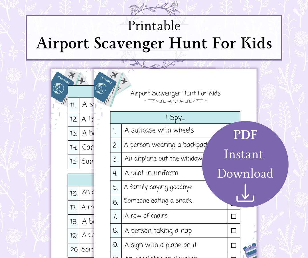 Kids Airport Scavenger Hunt Printable PDF | Kids Travel Activity ...