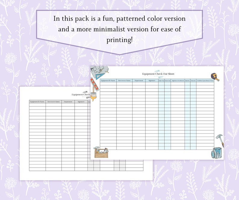 Equipment Checkout Sheet Printable PDF | Tool Borrowing Log | Equipment ...