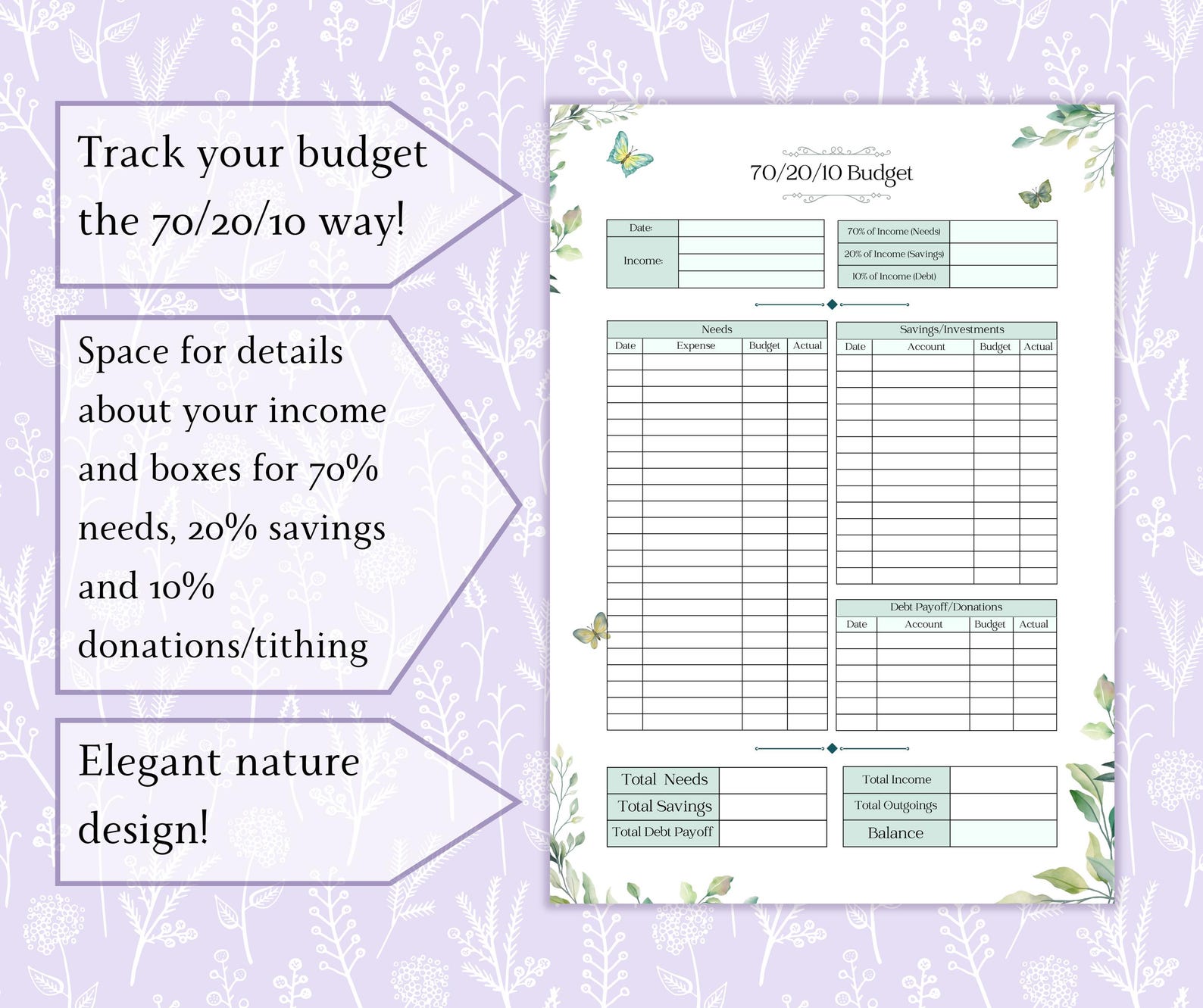 70/20/10 Budget Planner Printable PDF | Paycheck Budgeting | 70 20 10 ...