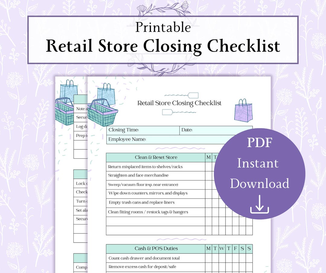Retail Store Closing Checklist Printable PDF | Retail Checklist | Store ...