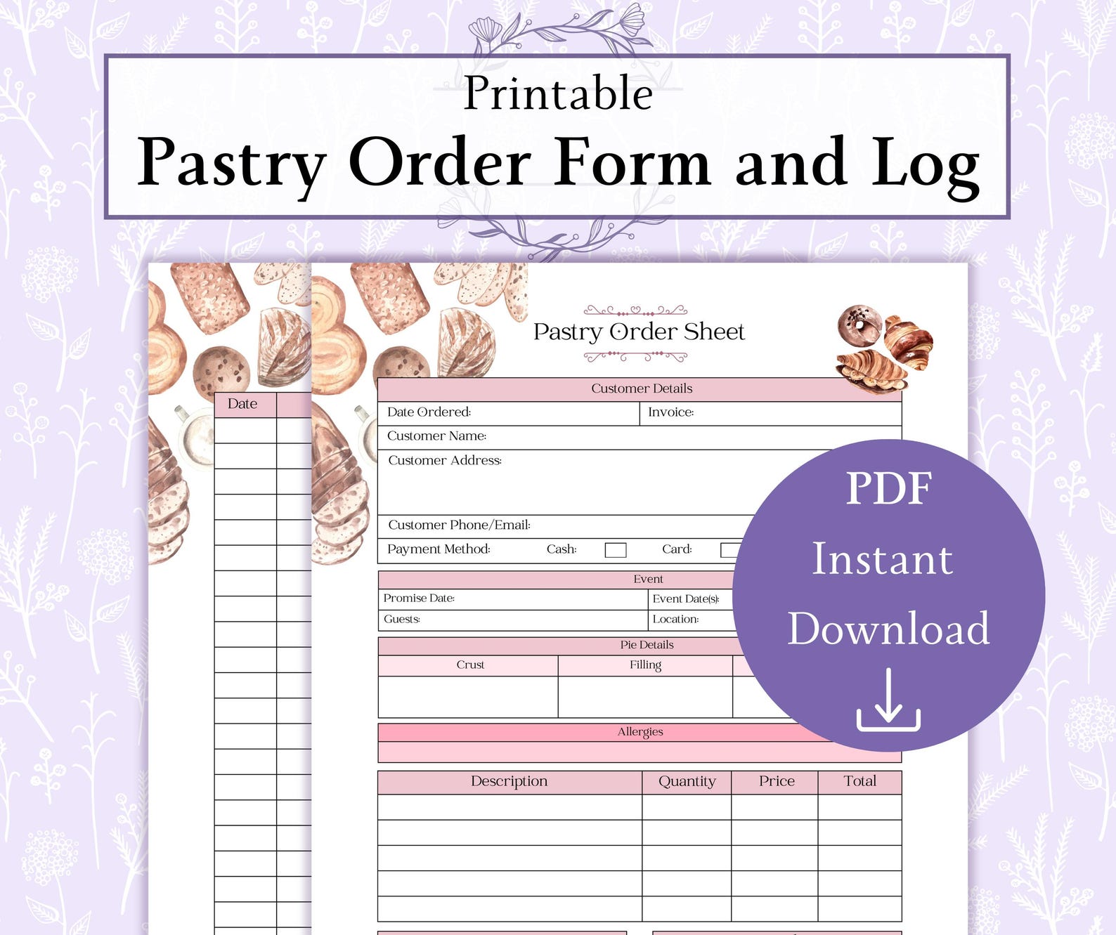 Pastry Order Form Printable PDF | Pastry Order Log | Dessert Order Form ...