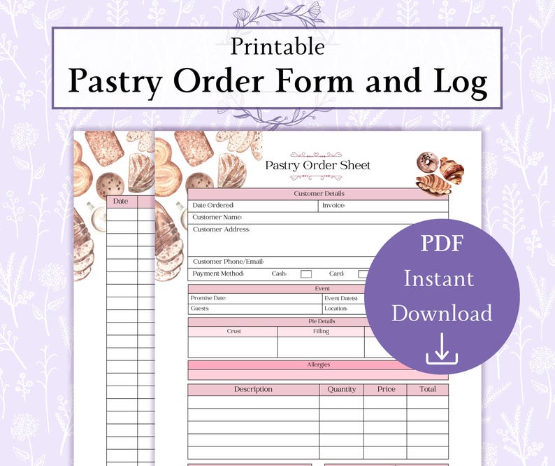 Pastry Order Form Printable PDF | Pastry Order Log | Dessert Order Form ...