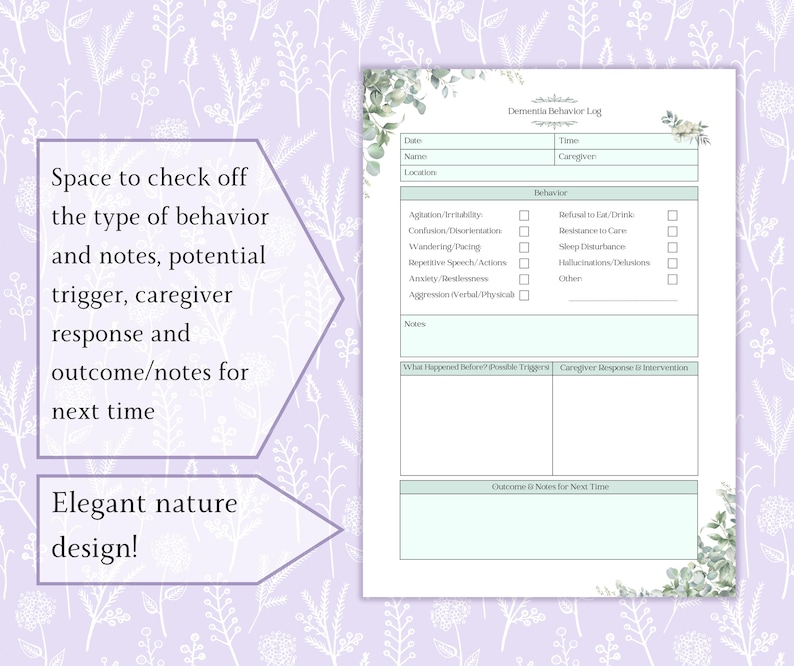 Dementia Behavior Log Printable PDF | Dementia Symptom Form | Family ...